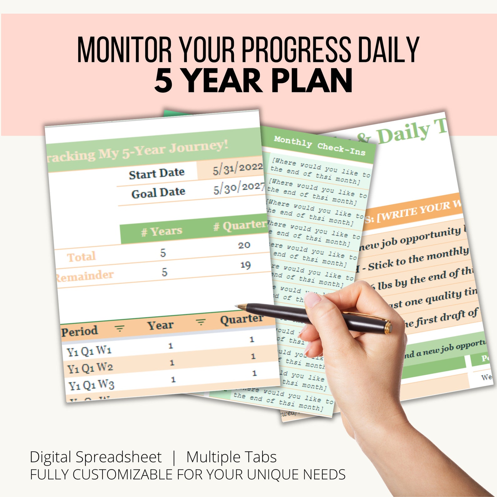 Ultimate 5 Year-plan - Goals Tracker by Yearly, Quarterly, Weekly, and ...