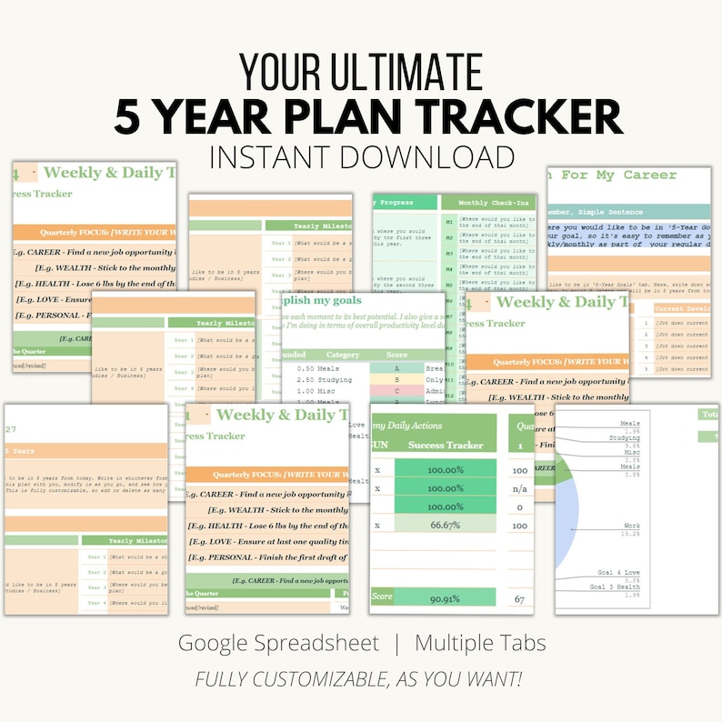 Ultimate 5 Year-plan - Goals Tracker by Yearly, Quarterly, Weekly, and ...