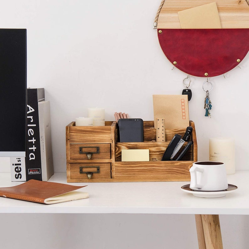 Rustic Wooden Desktop Organizer Office Supplies Brown Tabletop - Etsy