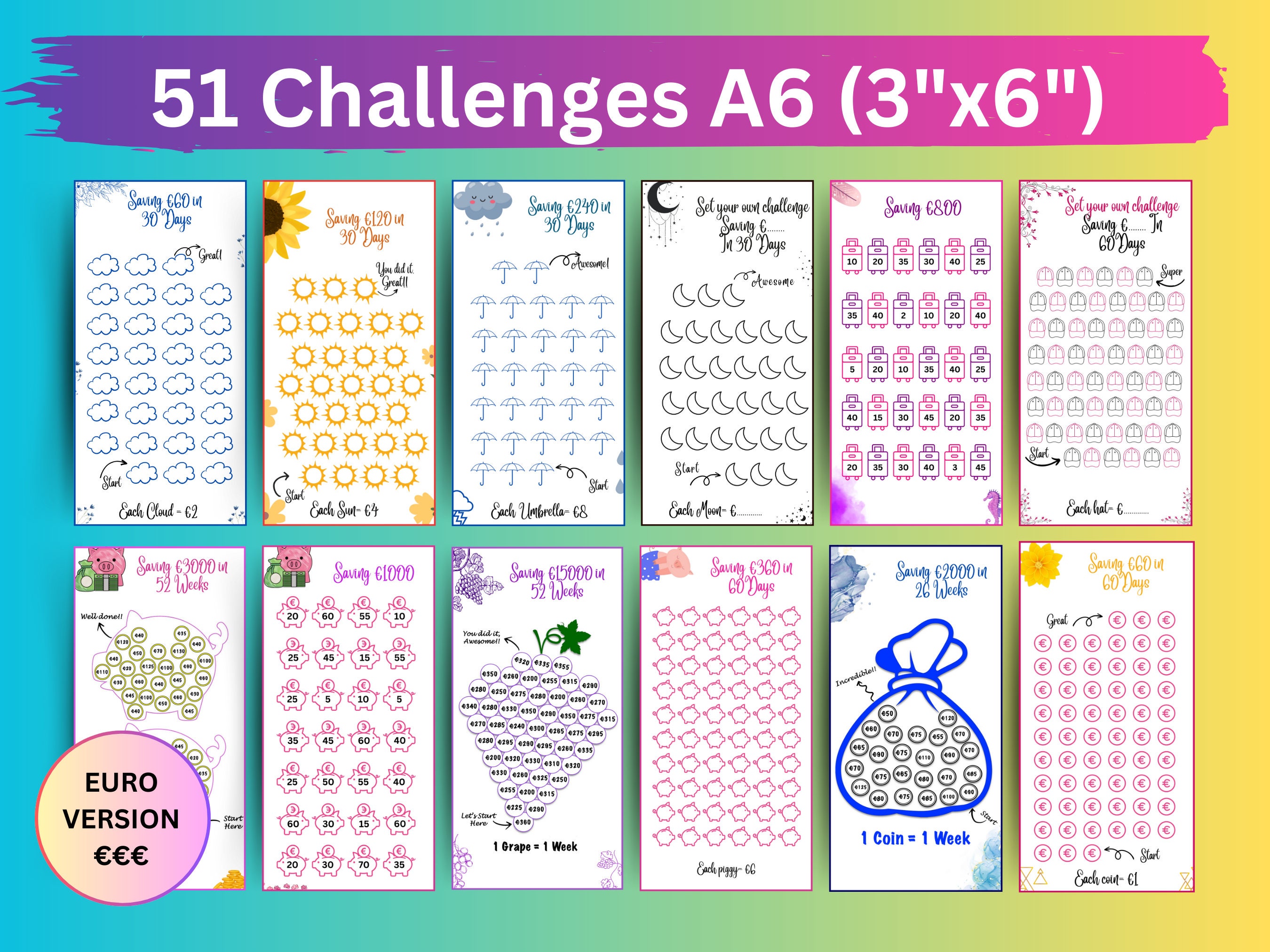 Savings Challenge Euro Savings Challenge Printable Saving - Etsy