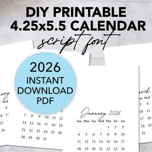 Printable BLANK DIY Calendar 2026, Script Font PDF, Mini Desk Calendar ...