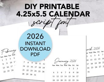 Printable BLANK DIY Calendar 2026, Script Font PDF, Mini Desk Calendar ...