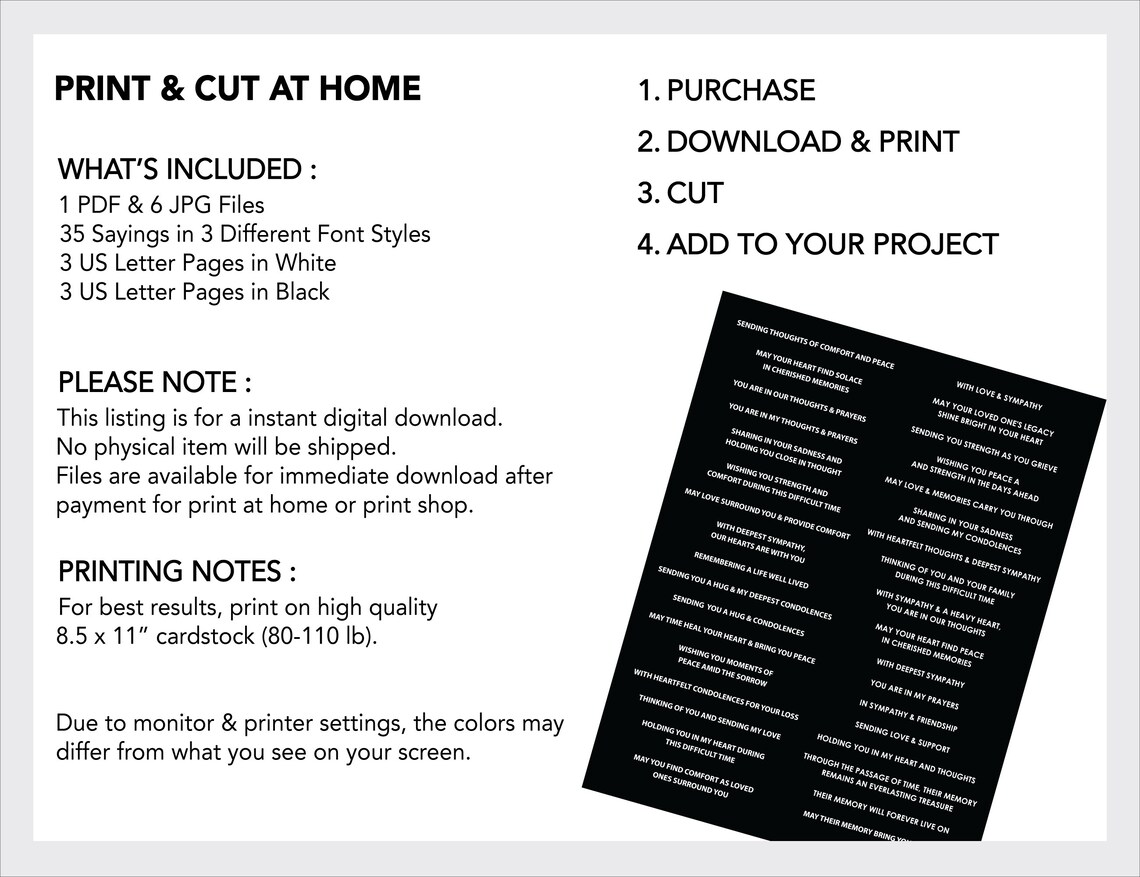 Printable Sympathy Sentiment Strips | Volume One | Black & White ...