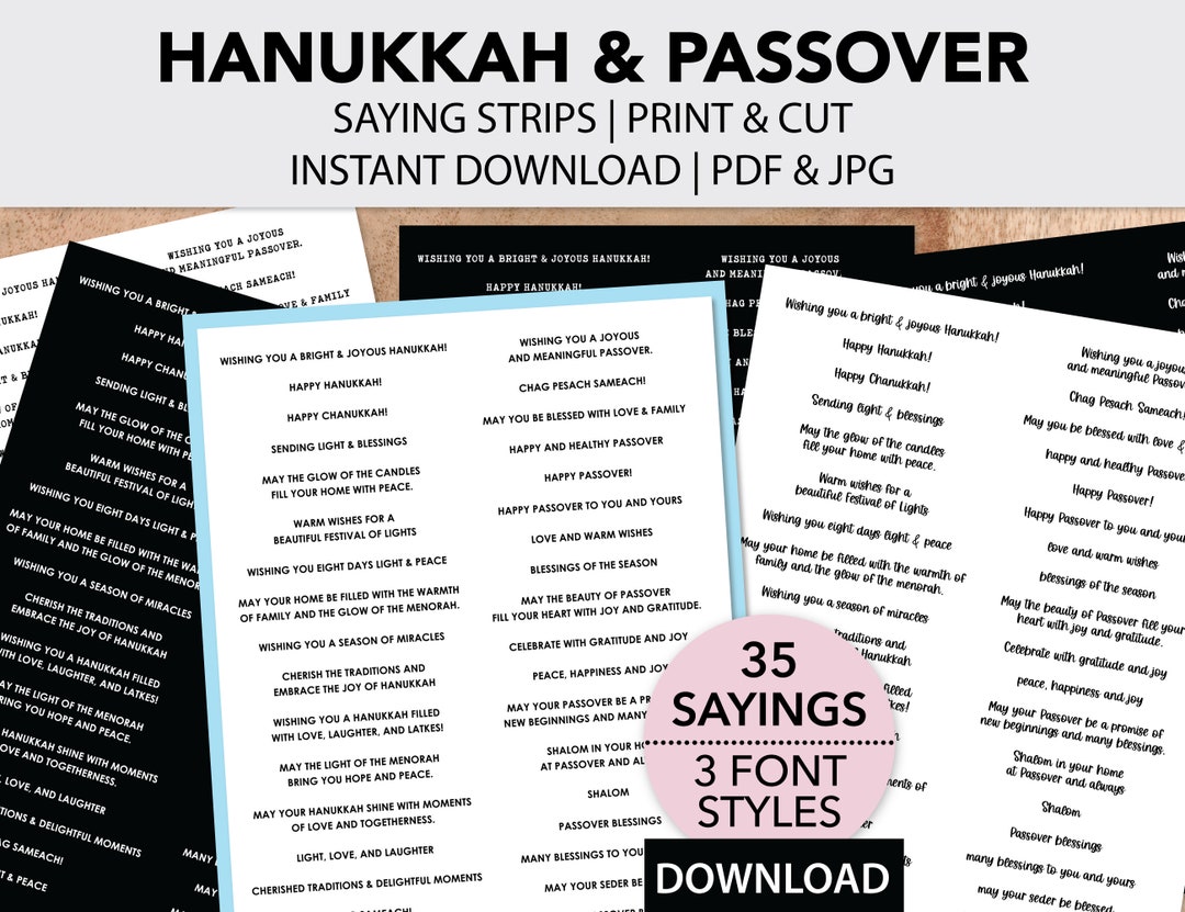 Printable Hanukkah & Passover Sentiment Strips | Jewish Holiday Black ...