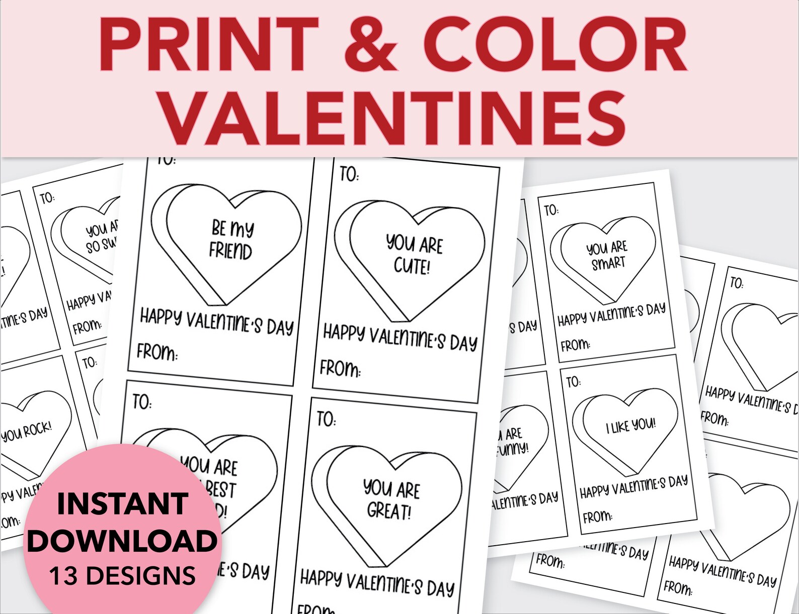 Print and Color Valentines for Kids, Classroom Valentine Cards ...