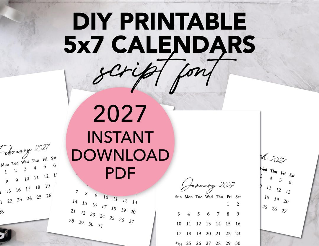 Printable BLANK DIY Calendar 2027, Script Font PDF, Mini Desk Calendar ...