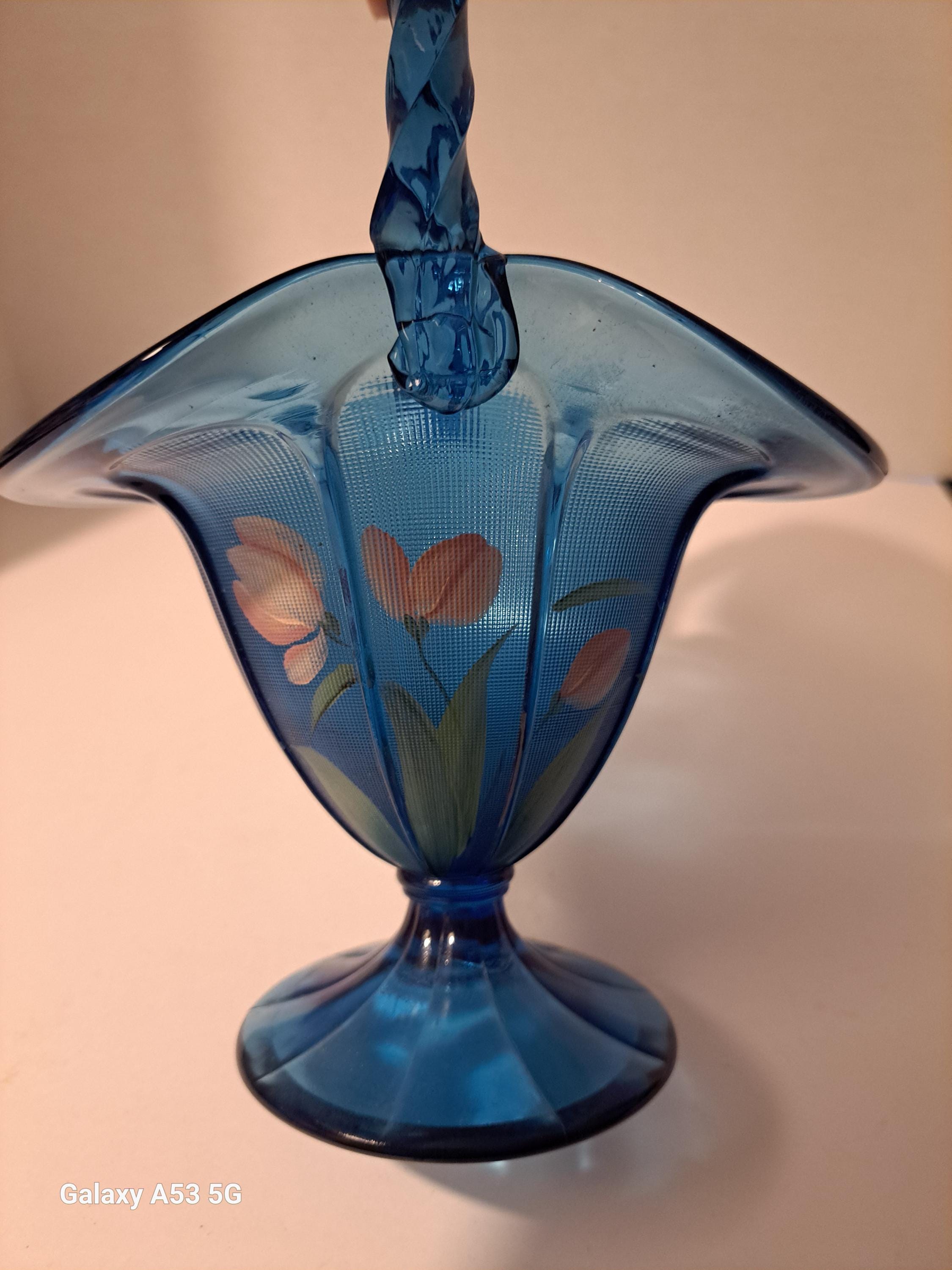 Fenton Blue Tulip Vase With Pink Flowers - Etsy
