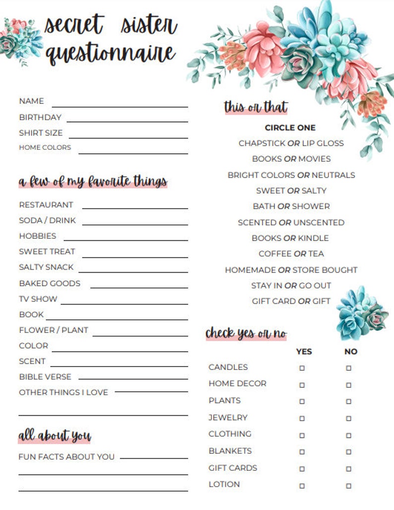 Secret Sister Questionnaire - Etsy