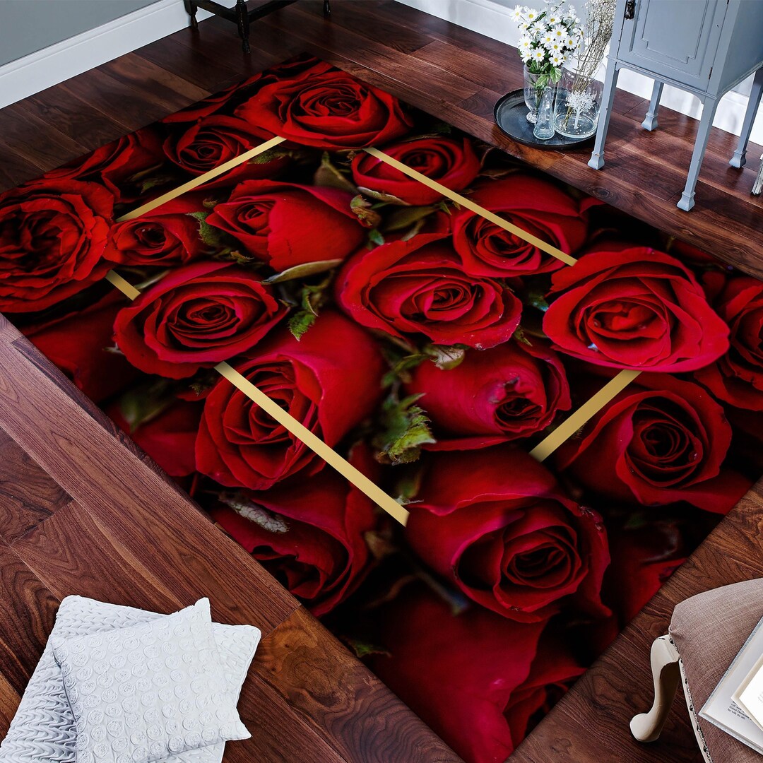Rose Pattern Rug 736 Golden Details Rug Red Rose Carpet - Etsy