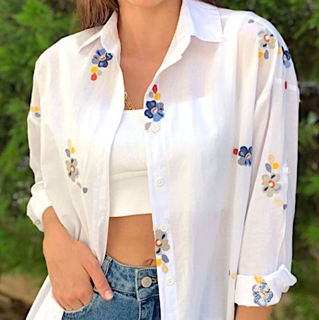 Women Floral Embroidery Shirt, Women Cotton Shirt, Casual Clothing ...