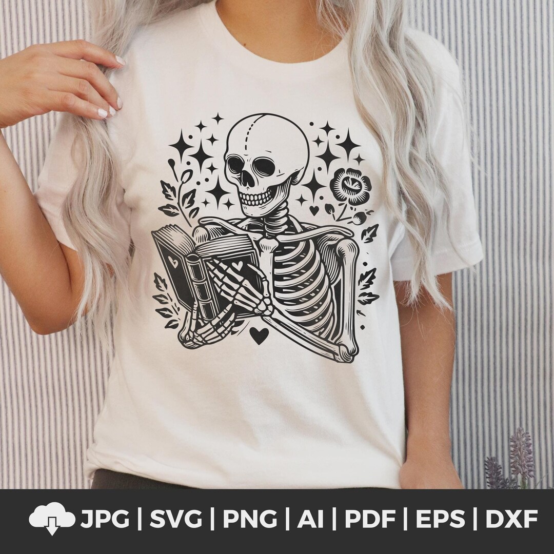 Floral Skeleton Reading Book Svg Png, Book With Flowers Svg, Book Lover ...