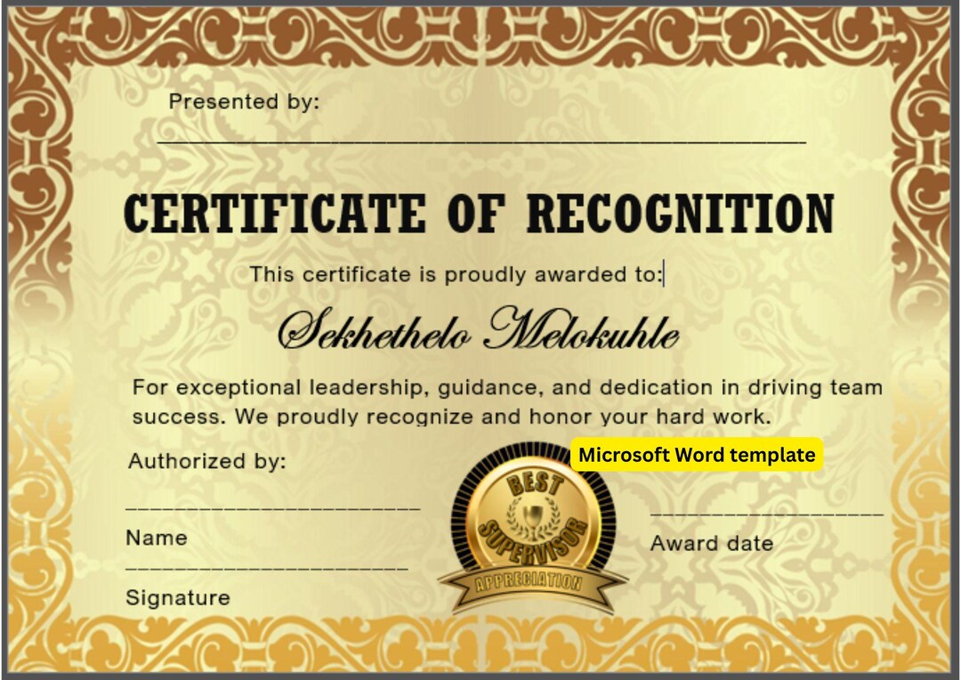Best Supervisor | Certificate of Recognition | Editable Microsoft Word ...