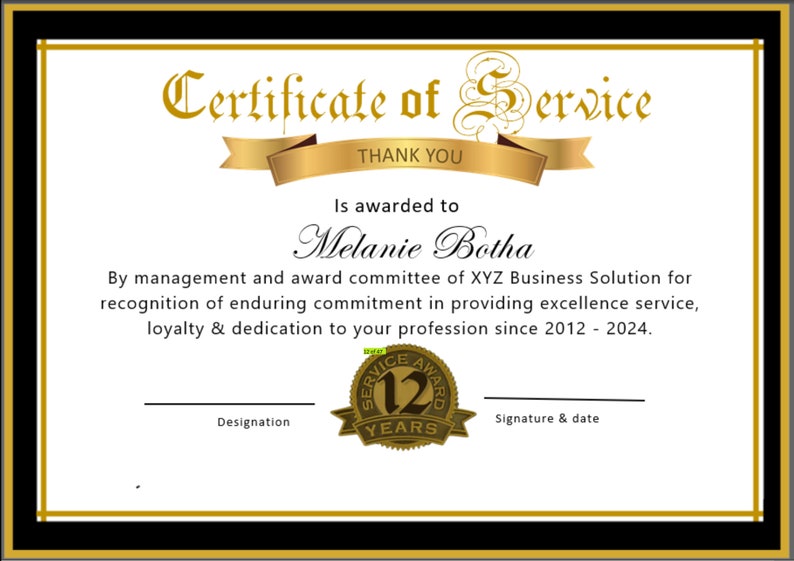 12 Years Service Certificate Template in Ms Word - Etsy