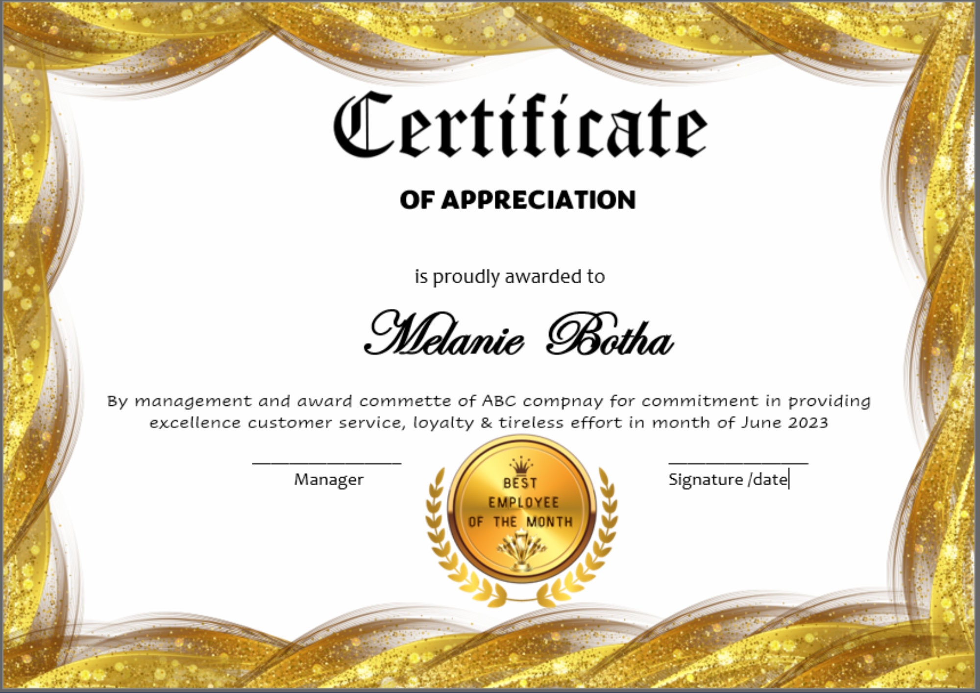 Manager Of The Month Certificate Template