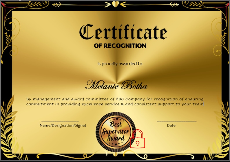 Best Supervisor Award Certificate of Recognition Template in Ms Word - Etsy