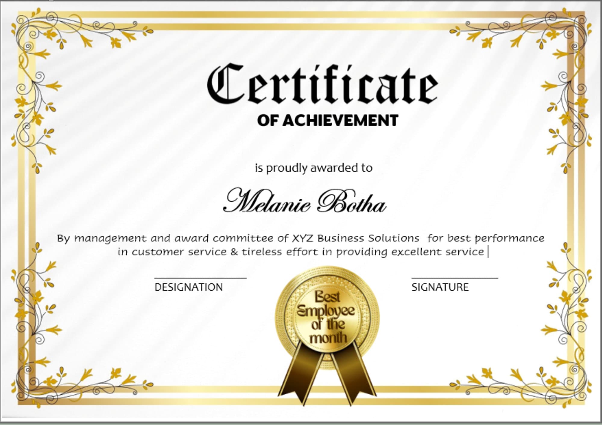 Best Performance Certificate Template