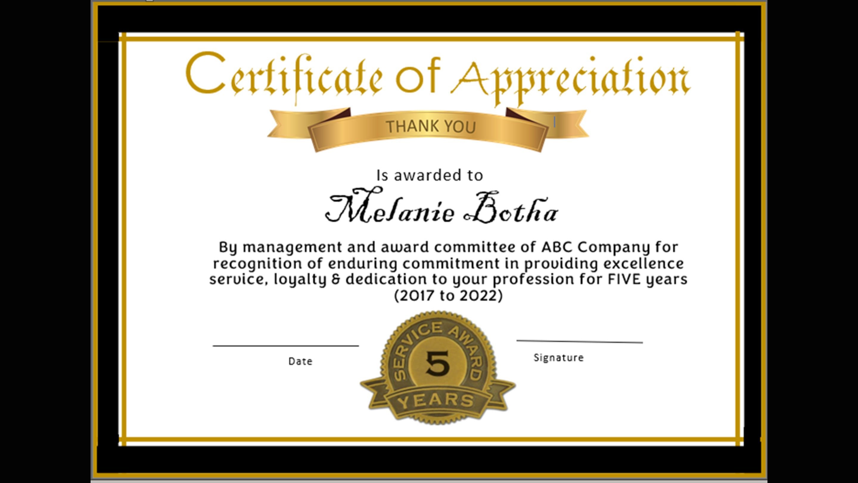 5 Year Certificate of Service Template in Ms Word - Etsy Singapore