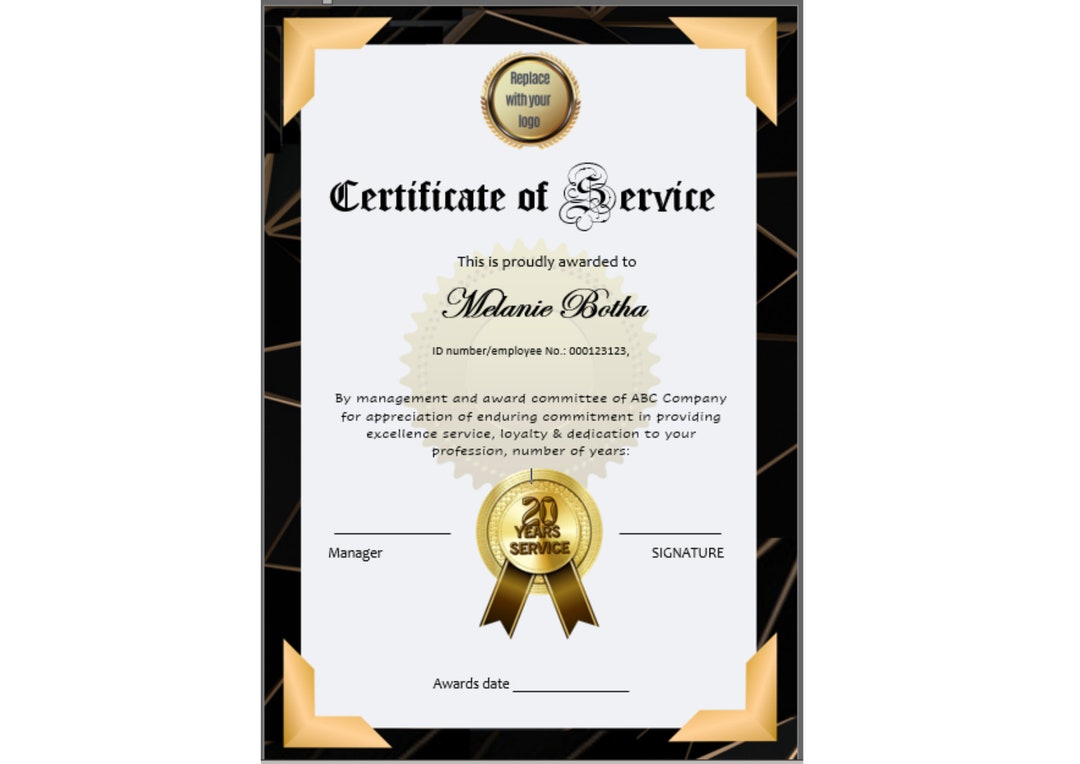 20 Years Service Certificate Template in Ms Word With Customized Logo - Etsy