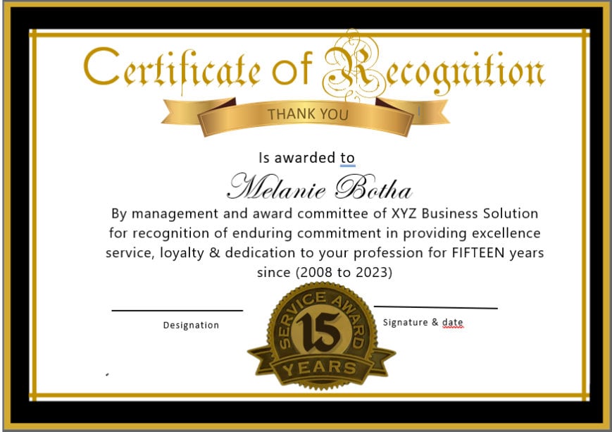 15 Years Certificate of Service in Ms Word - Etsy