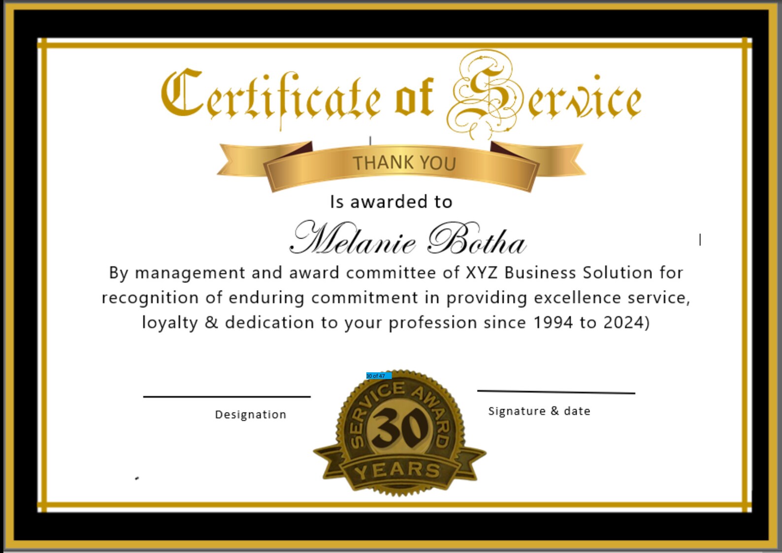 30 Years Service Award - Certificate Template in Ms Word - Etsy