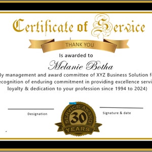 30 Years Service Award - Certificate Template in Ms Word - Etsy
