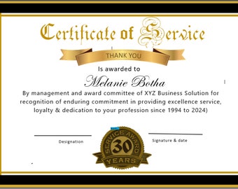 30 Years Service - Certificate Template in Ms Word - Etsy