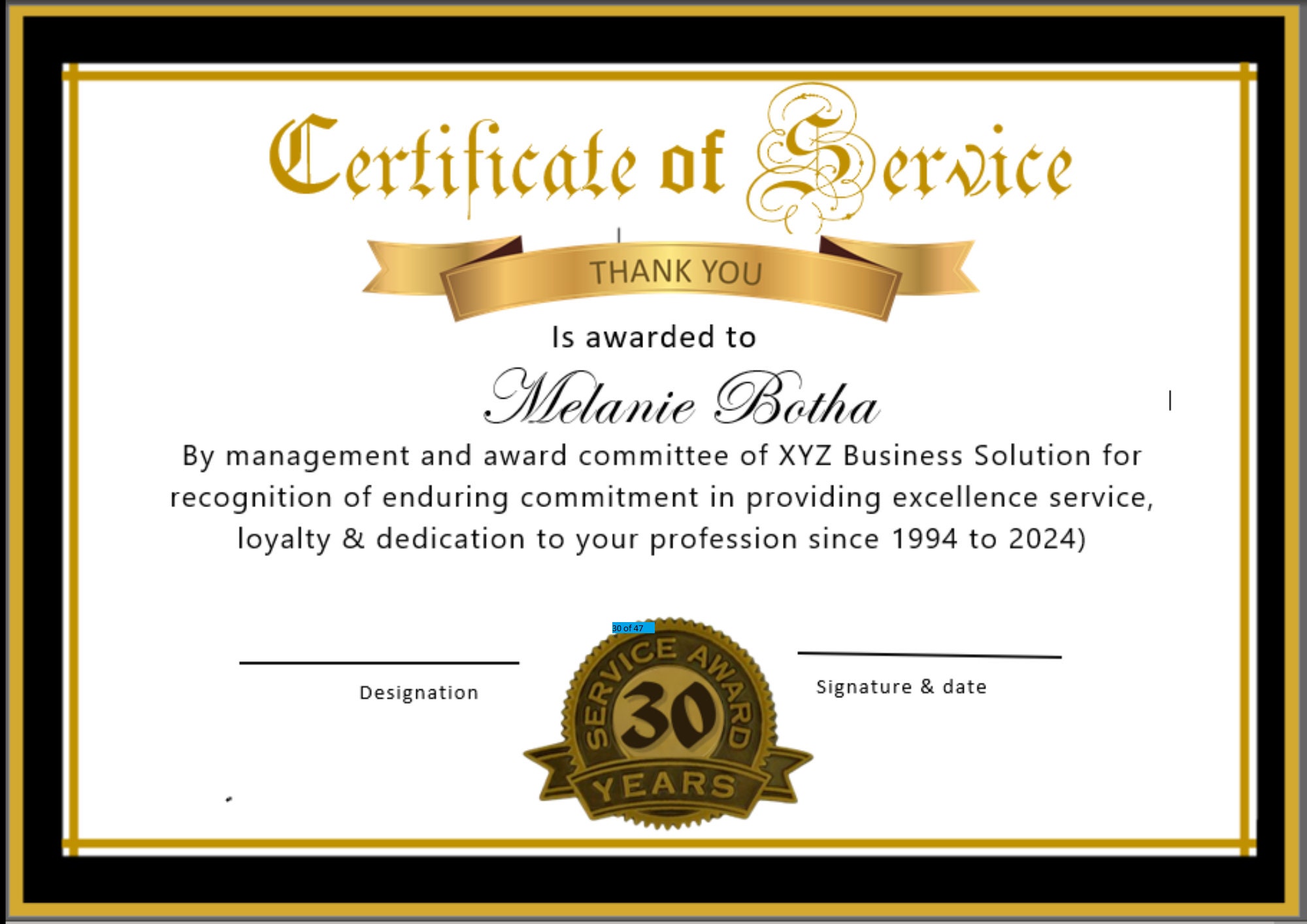 30 Years Service Award - Certificate Template in Ms Word - Etsy