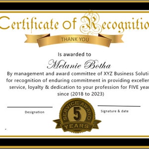 5 Year Certificate of Service Template in Ms Word - Etsy