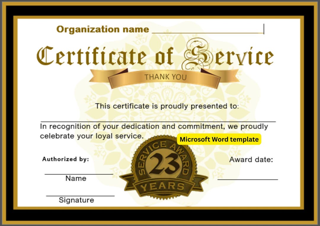23 Years Service | Editable Microsoft Word Certificate Template ...