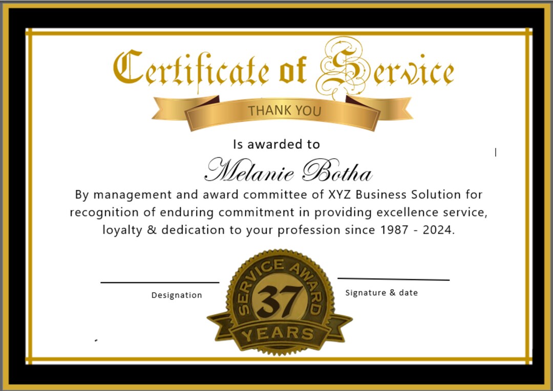 37 Years Service Certificate Template in Microsoft Word With Customized ...