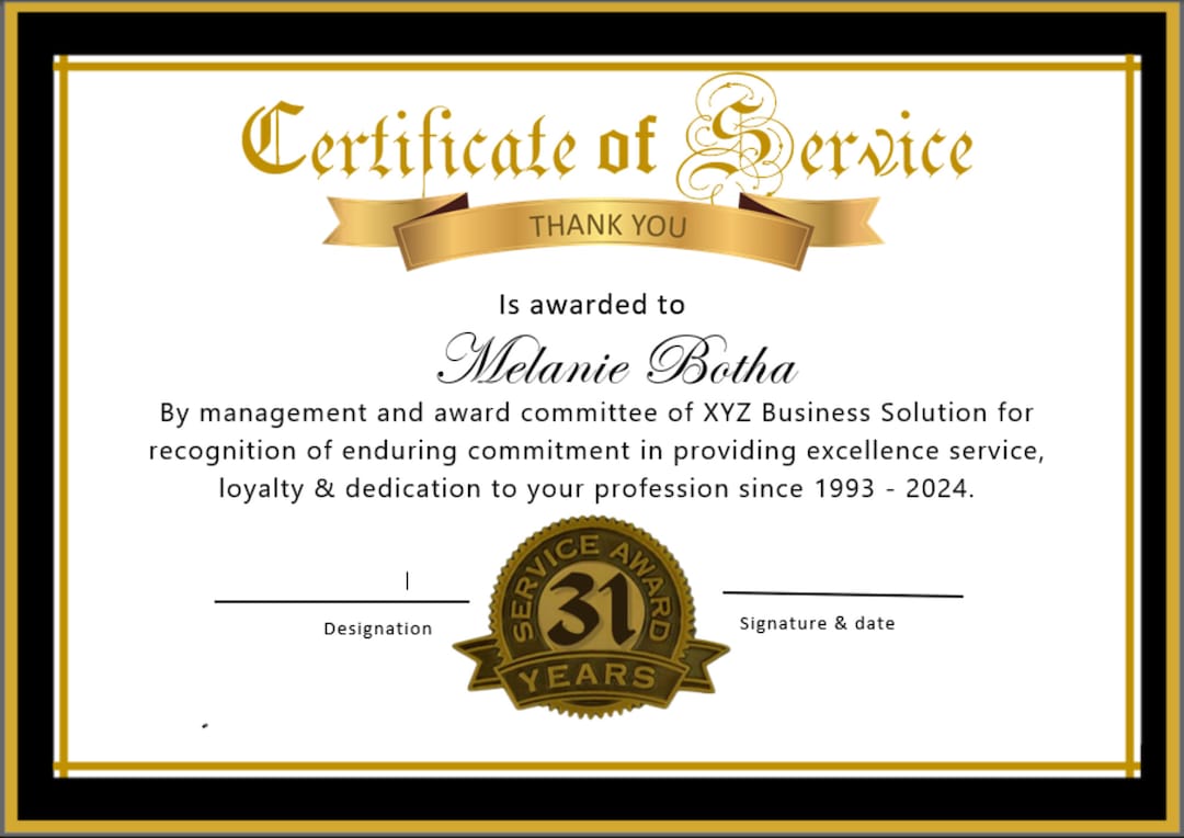 31 Years Service - Certificate Template in Microsoft Word With ...