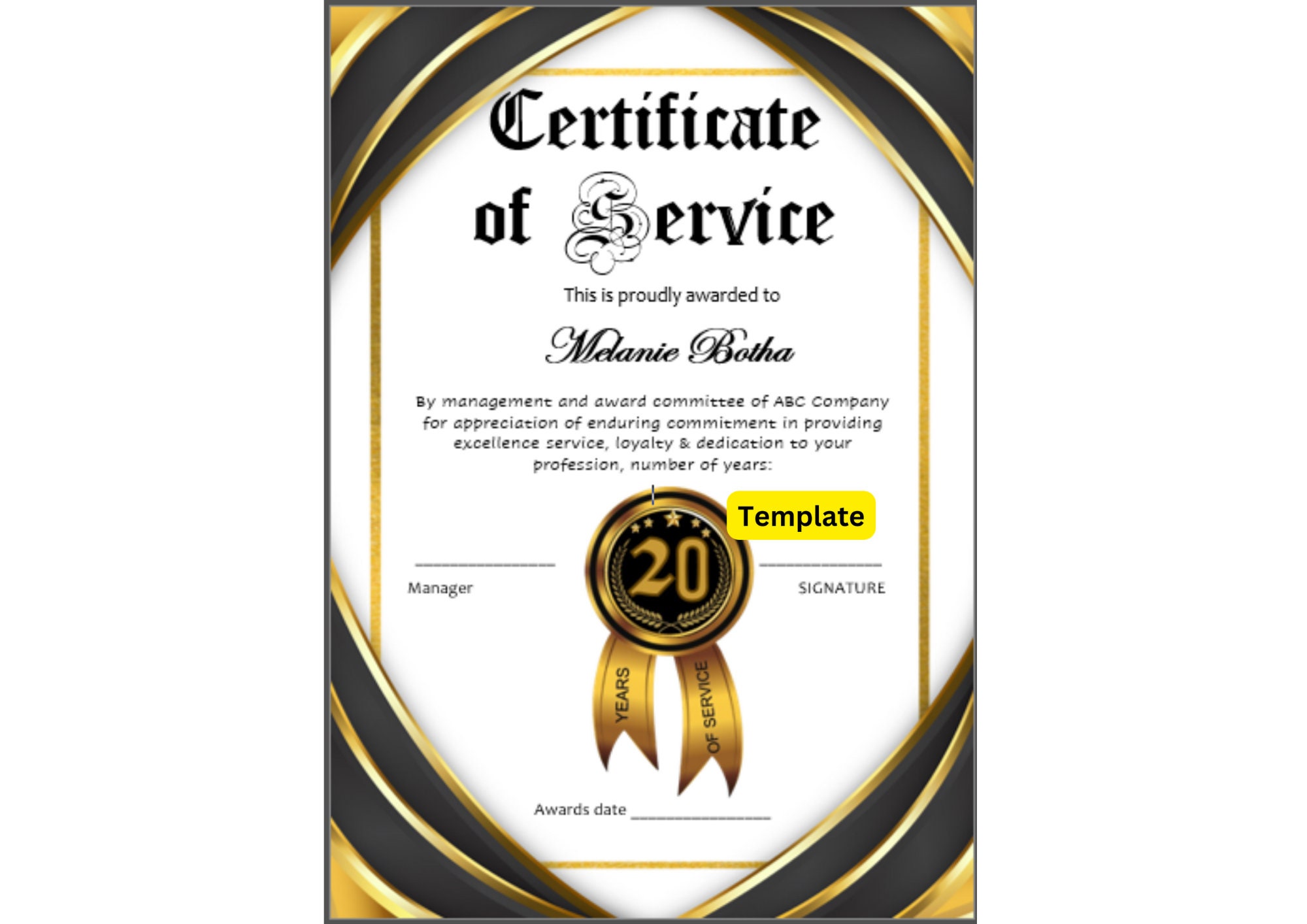20 Years Service Microsoft Word Template With Customized Logo Potrait ...