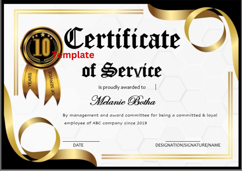 10 Years Service Certificate Template in Ms Word - Etsy