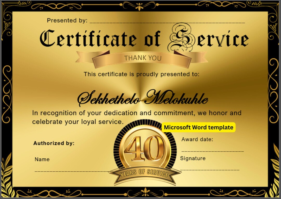 40 Year Service Award Certificate Template • Gold Design (microsoft ...