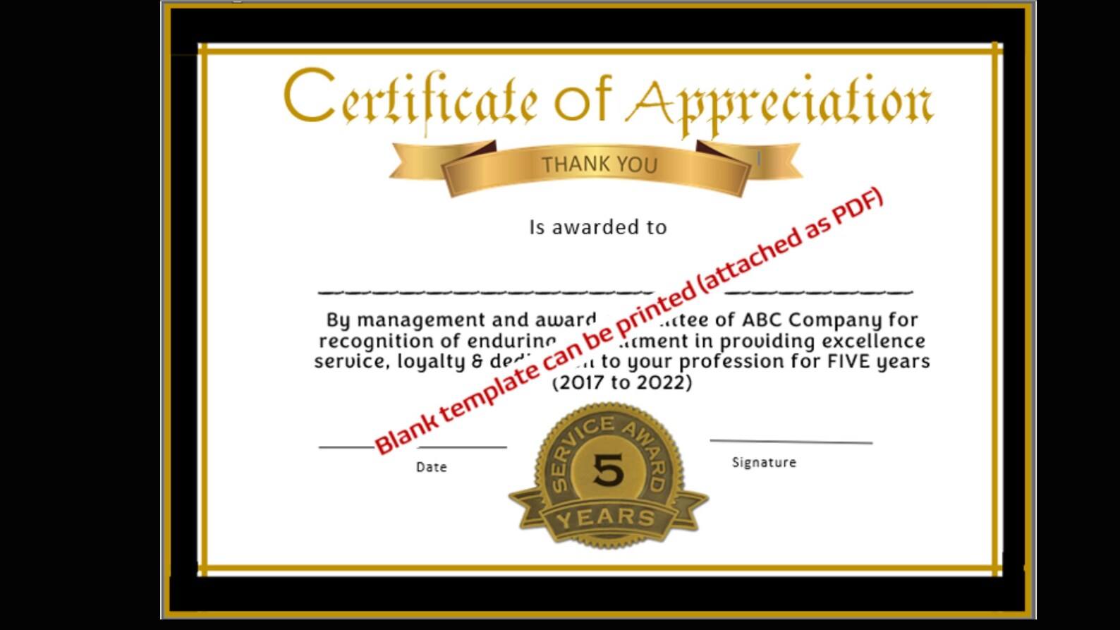 5 Year Certificate of Service Template in Ms Word - Etsy