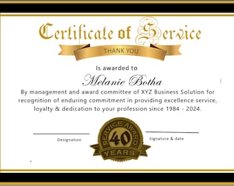 40 Years Service Certificate Template in Ms Word - Etsy