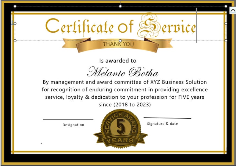 5 Year Certificate of Service Template in Ms Word - Etsy