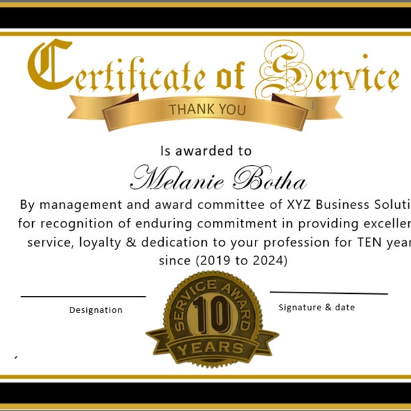 10 Years of Service Certificate - Etsy
