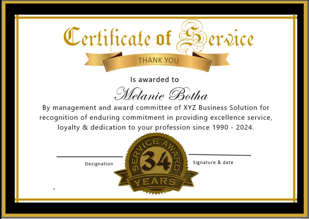 34 Years Service - Microsoft Word Template With Customized Logo ...