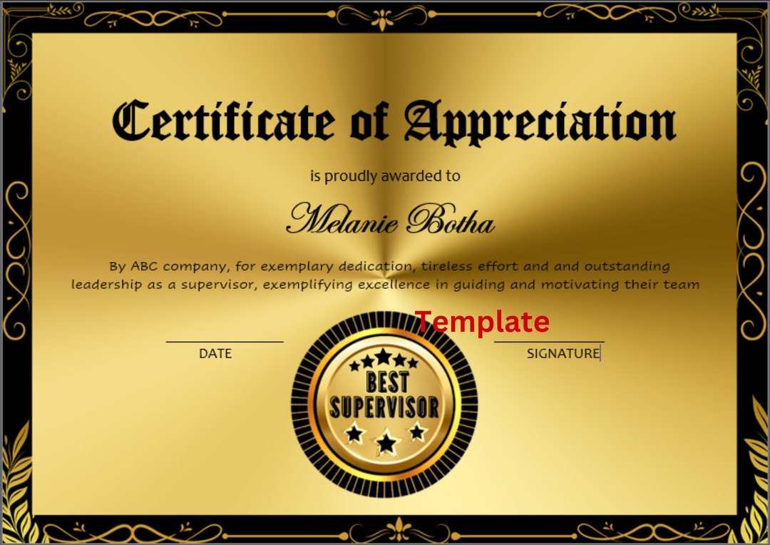 Best Supervisor Award - Certificate of Recognition Template in Ms Word ...