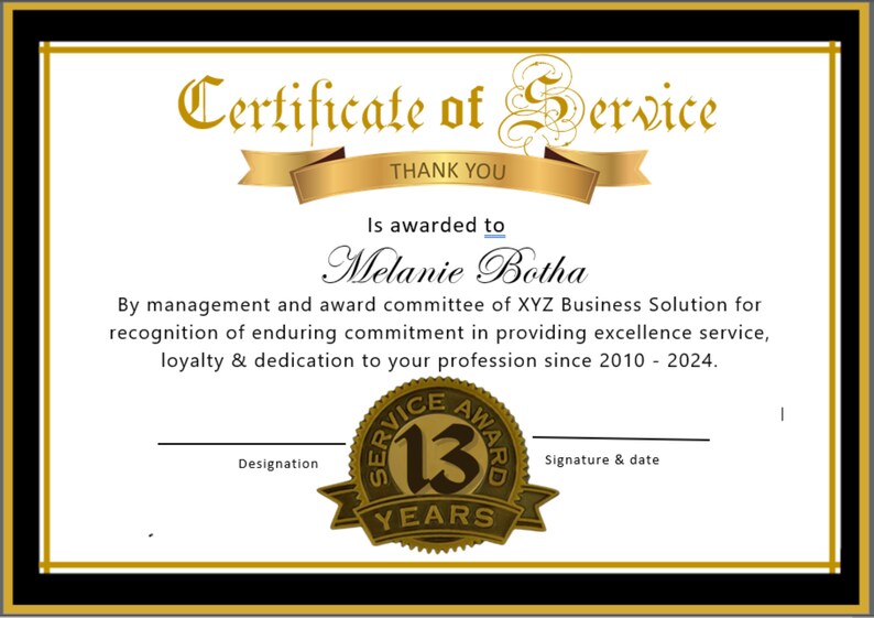 13 Years Service Certificate Template in Ms Word - Etsy