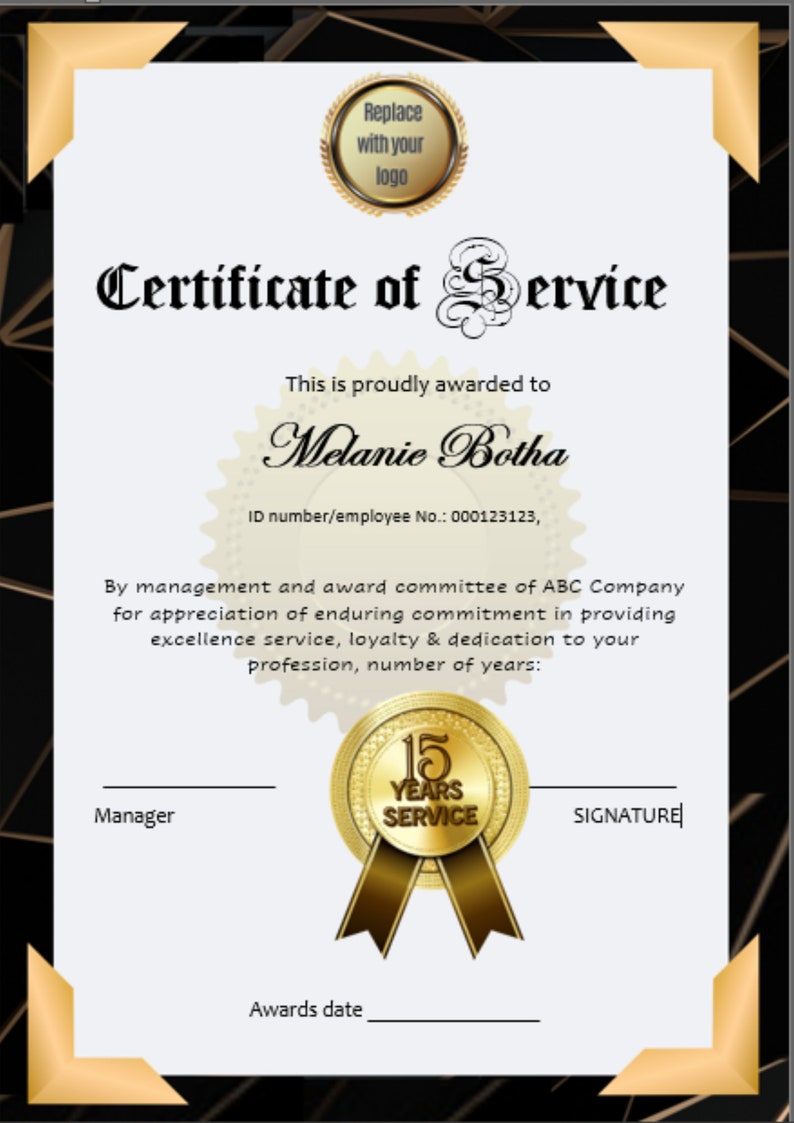 15 Years Service Award Certificate Template in Ms Word - Etsy