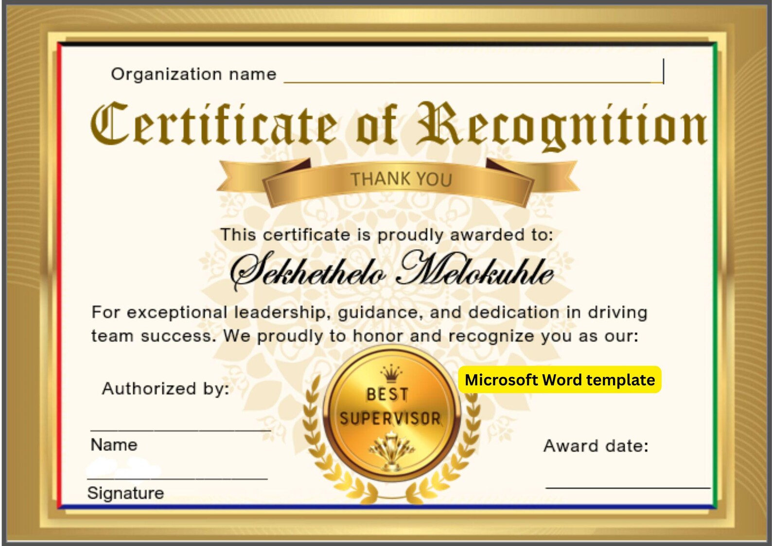 Gold Certificate Template | Best Supervisor Recognition | Editable ...