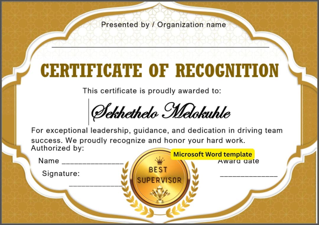 Supervisor Appreciation Certificate of Recognition | Editable Microsoft ...