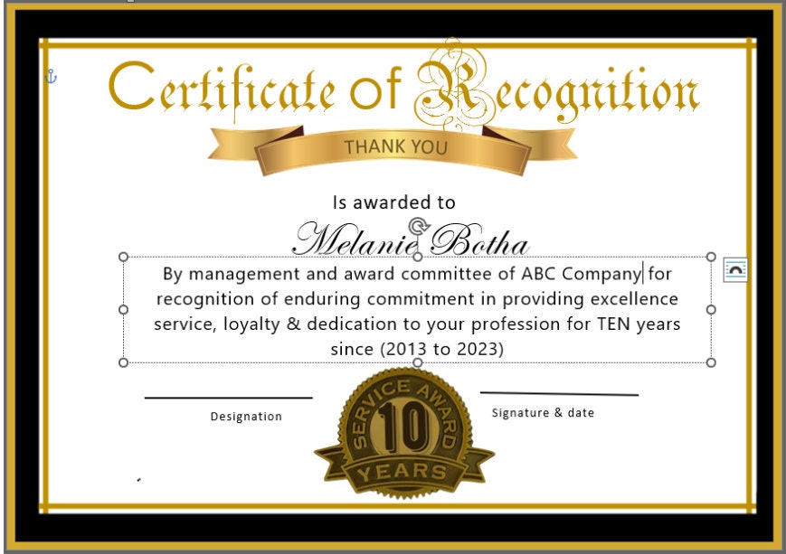 10 Years Service Certificate of Template - Etsy Australia