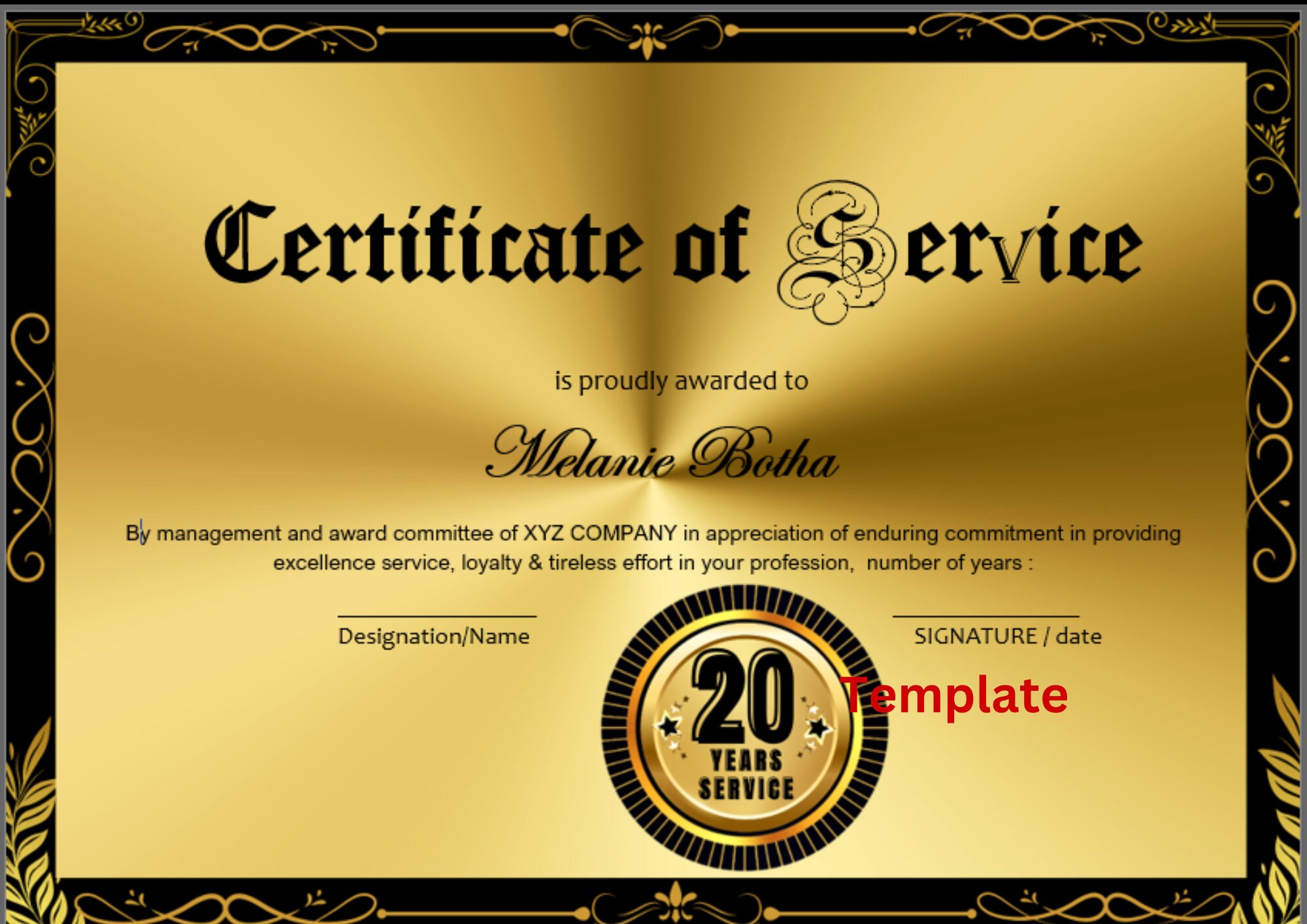 20 Years Service - Certificate Template in Ms Word - Etsy