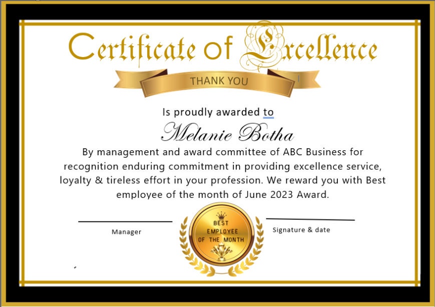 Best Employee of the Month - Certificate of Achievement | Microsoft ...