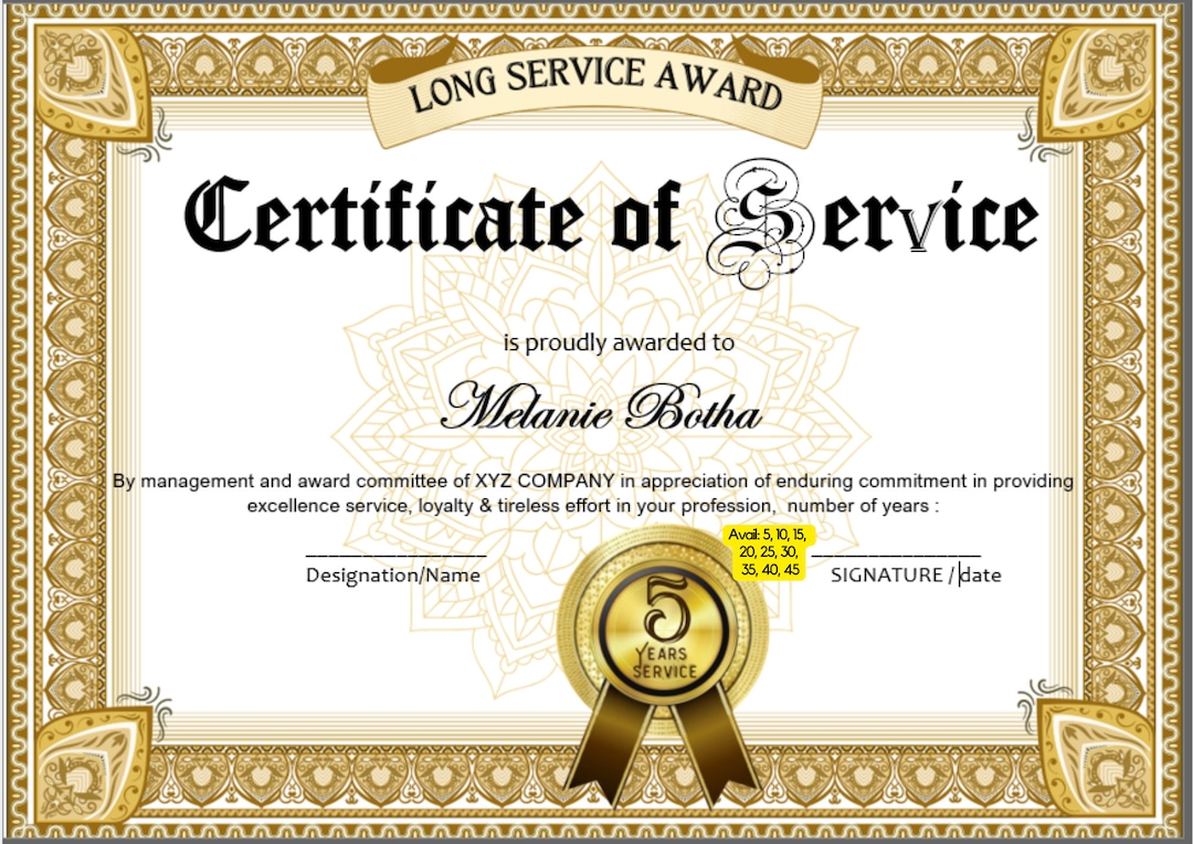 5 Years Service Award Certificate Template in Ms Word - Etsy