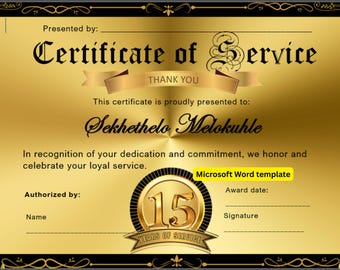 15 Year Service Award Template • Gold & Black (microsoft Word) - Etsy
