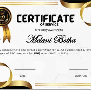 5 Years Service Certificate Template in Ms Word - Etsy